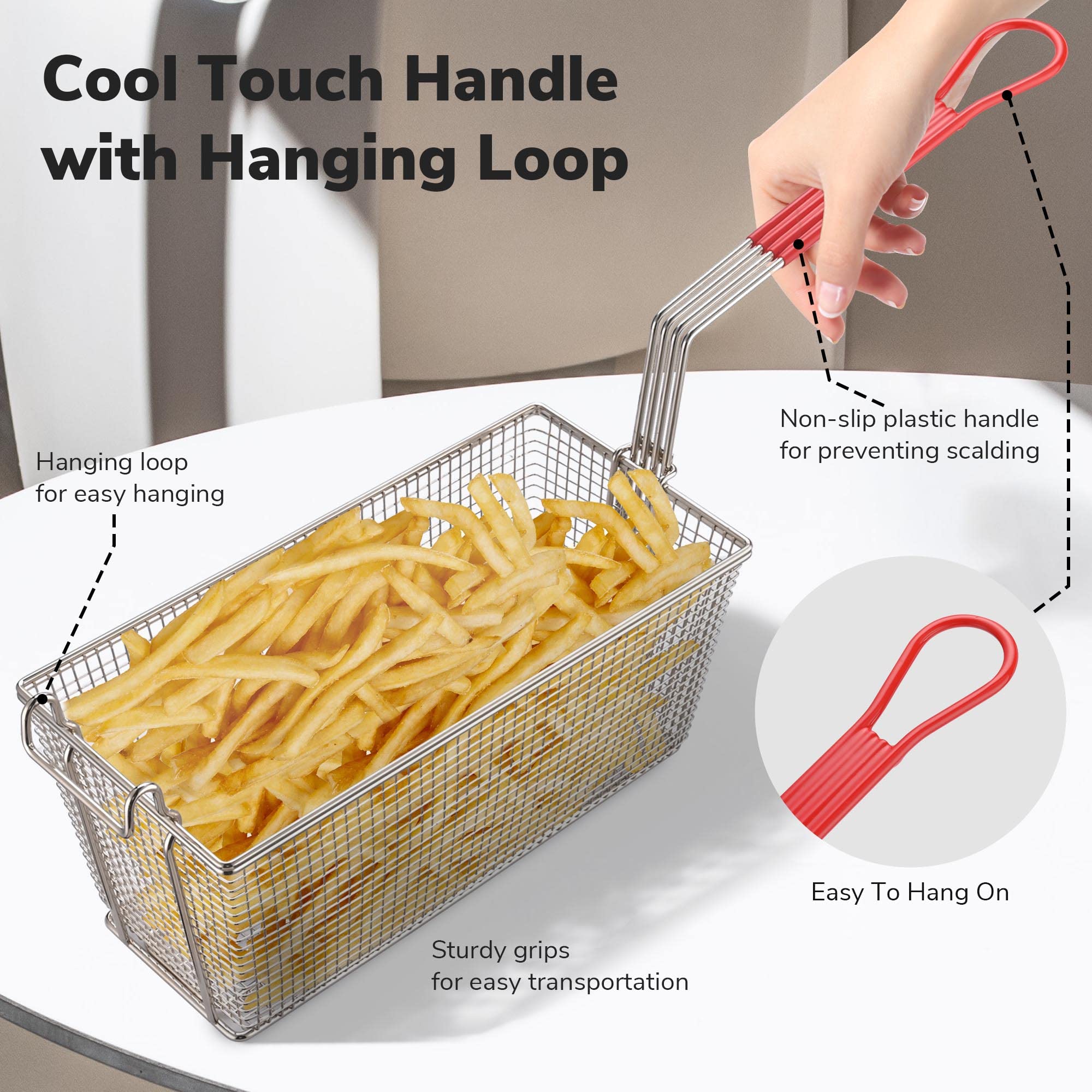 WeChef 2Pcs Deep Fryer Baskets with non-slip Handle 13" x 6 5/16" x 5 7/8" Nickel Plating Heavy Duty Construction Fryer Basket for Commercial Restaurant Roadside Stall Red