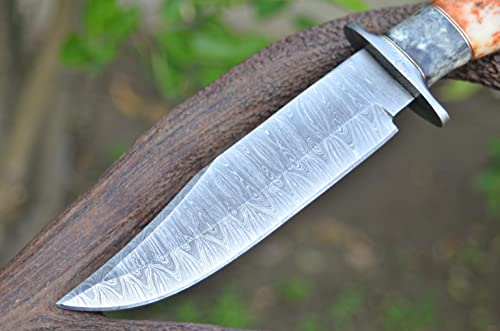 UK UNIQUE SHARP KNIVES BK-3002 Handmade Damascus Steel 12.50 Inches Hunting Knife - Exotic Coloured Bone Handle