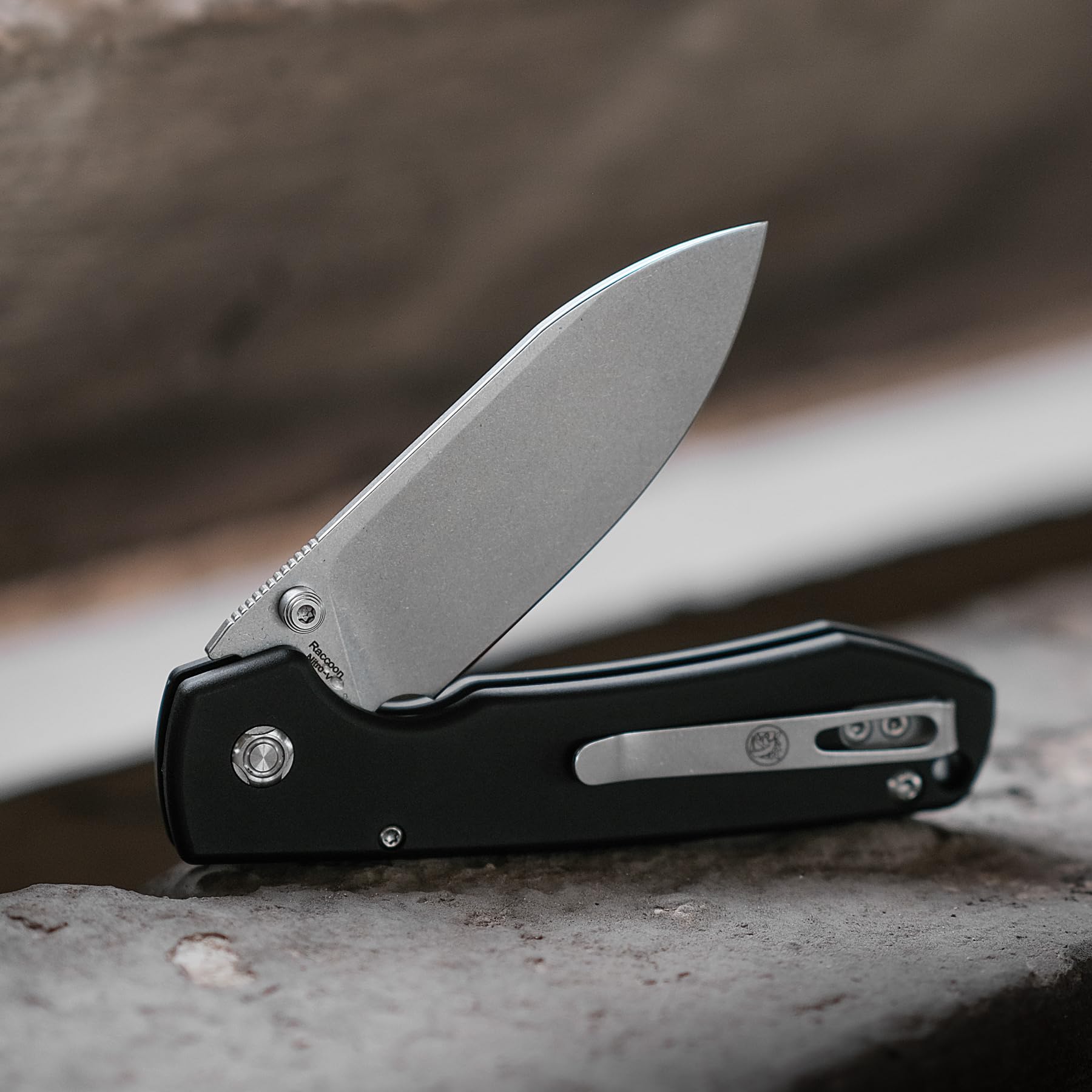 Vosteed EDC Knife, Lightweight Folding Pocket knife with Clip for Men and Women, Sharp Button Lock Knife with 3.25" Nitro-V Steel Blade, Aluminum Black Handle for Camping - Raccoon
