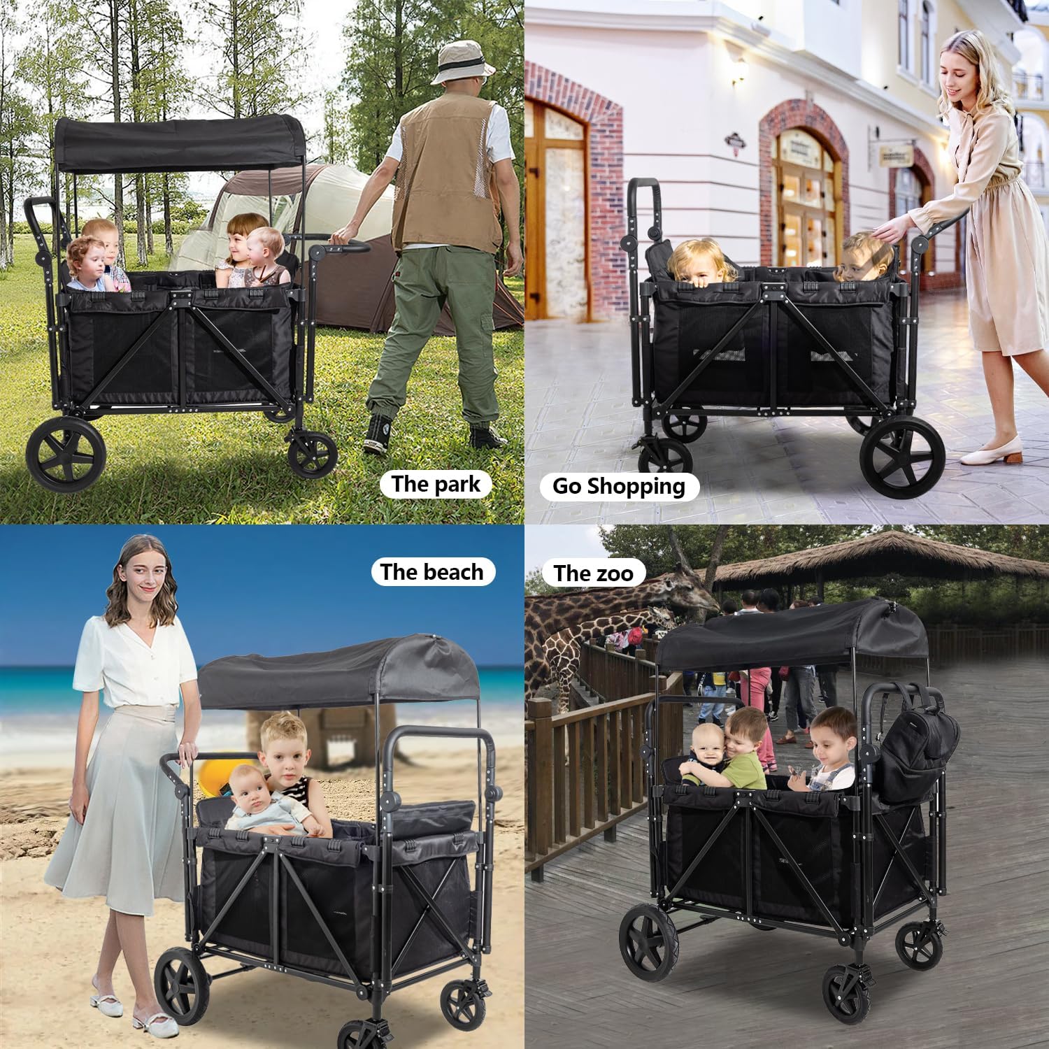 Voupou Wagon Stroller Folding Wagon Push-Pull Stroller Four-Wheel Trolley for 4 Kids with 5-Point Harnesses Safety Belt,Detachable Seats,Removable Canopy,Double Push bar for 1-5y+ Kids