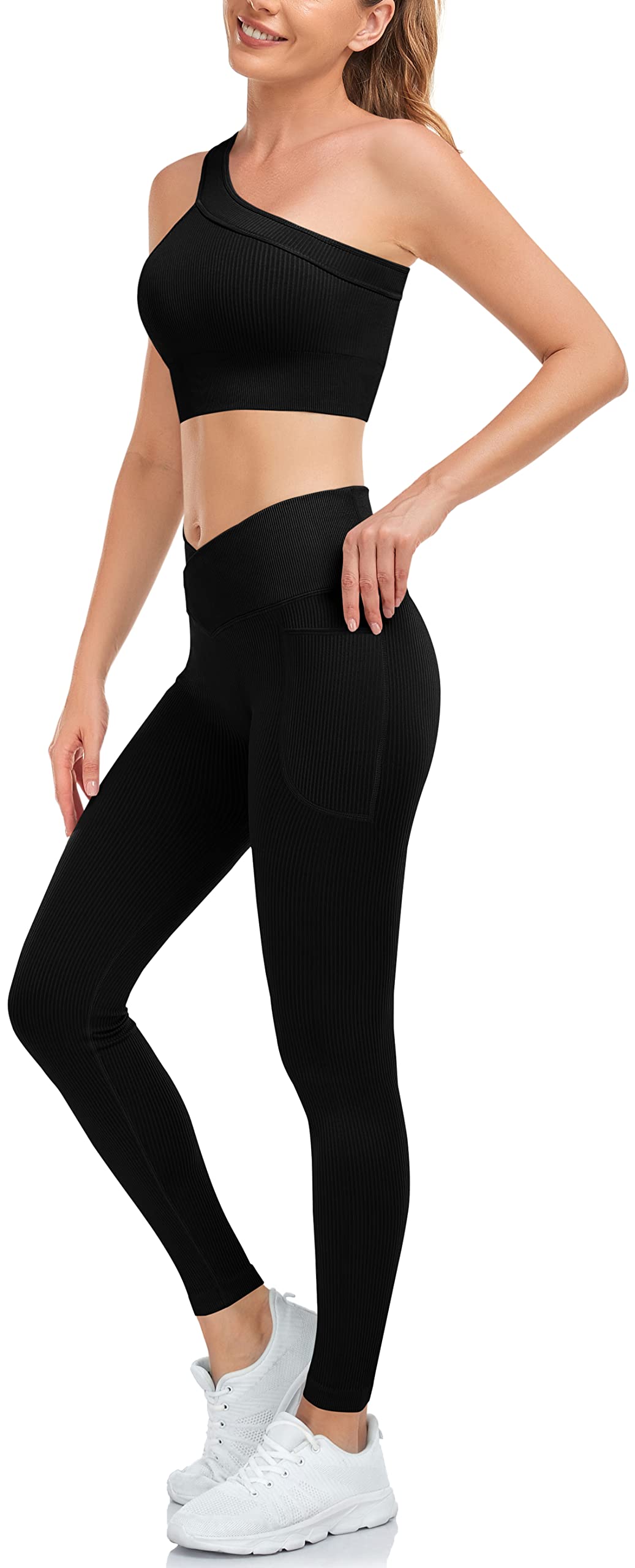 Women's Yoga Workout 2 Piece Seamless Sets with Ribbed Design, High Neck or One Shoulder Strap Top