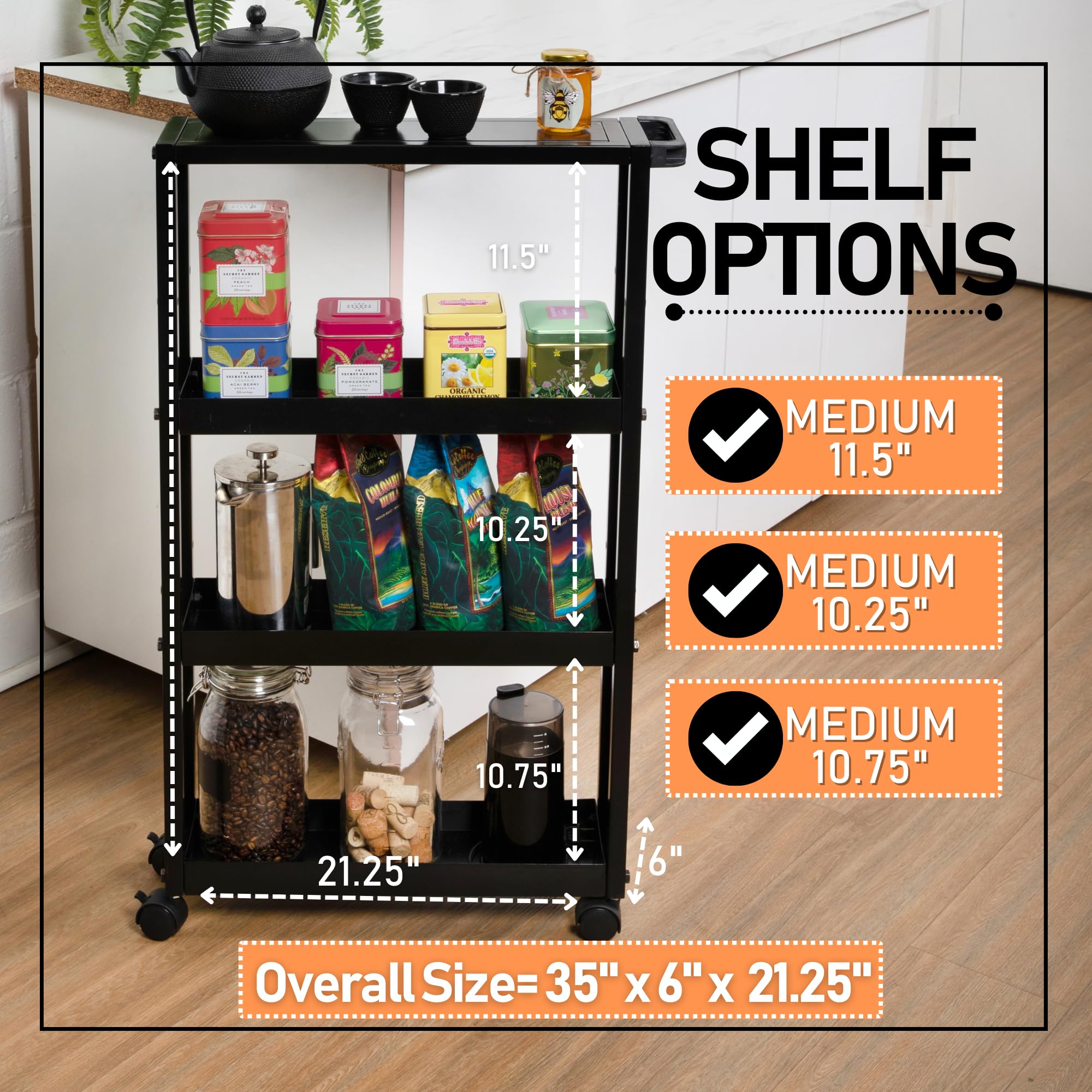 Slim Rolling Storage Cart with Wheels & Adjustable Shelving - Durable Metal Space-Saving 4 Tier Rolling Cart Ideal Kitchen - Narrow Bar Cart, Spice Rack, Utility Cart, Coffee Cart for Kitchen - WHITE