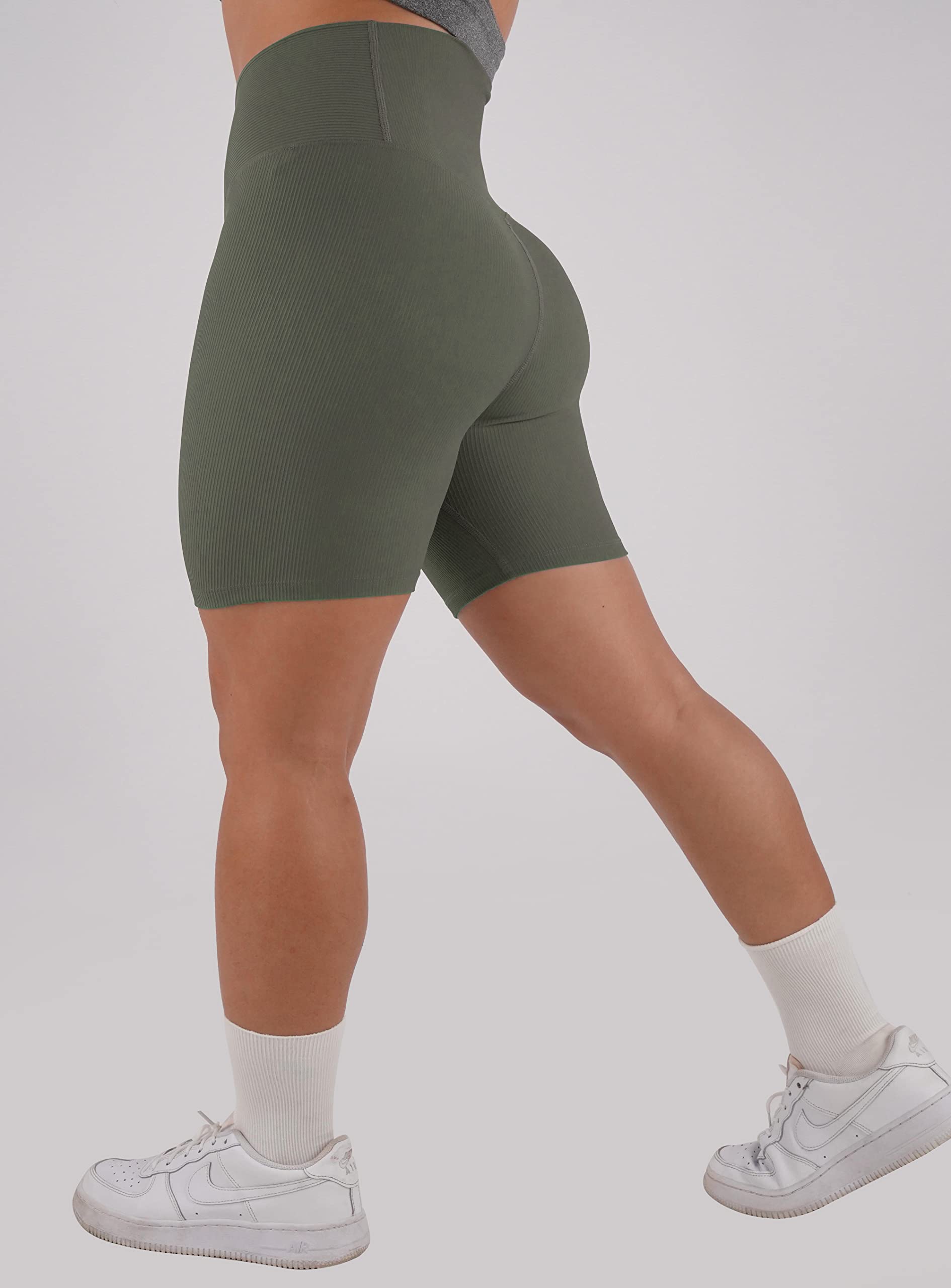 Womens 5" Crossover Workout Shorts High Waisted Ribbed Butt Lift Biker Running Compression Yoga Shorts Black