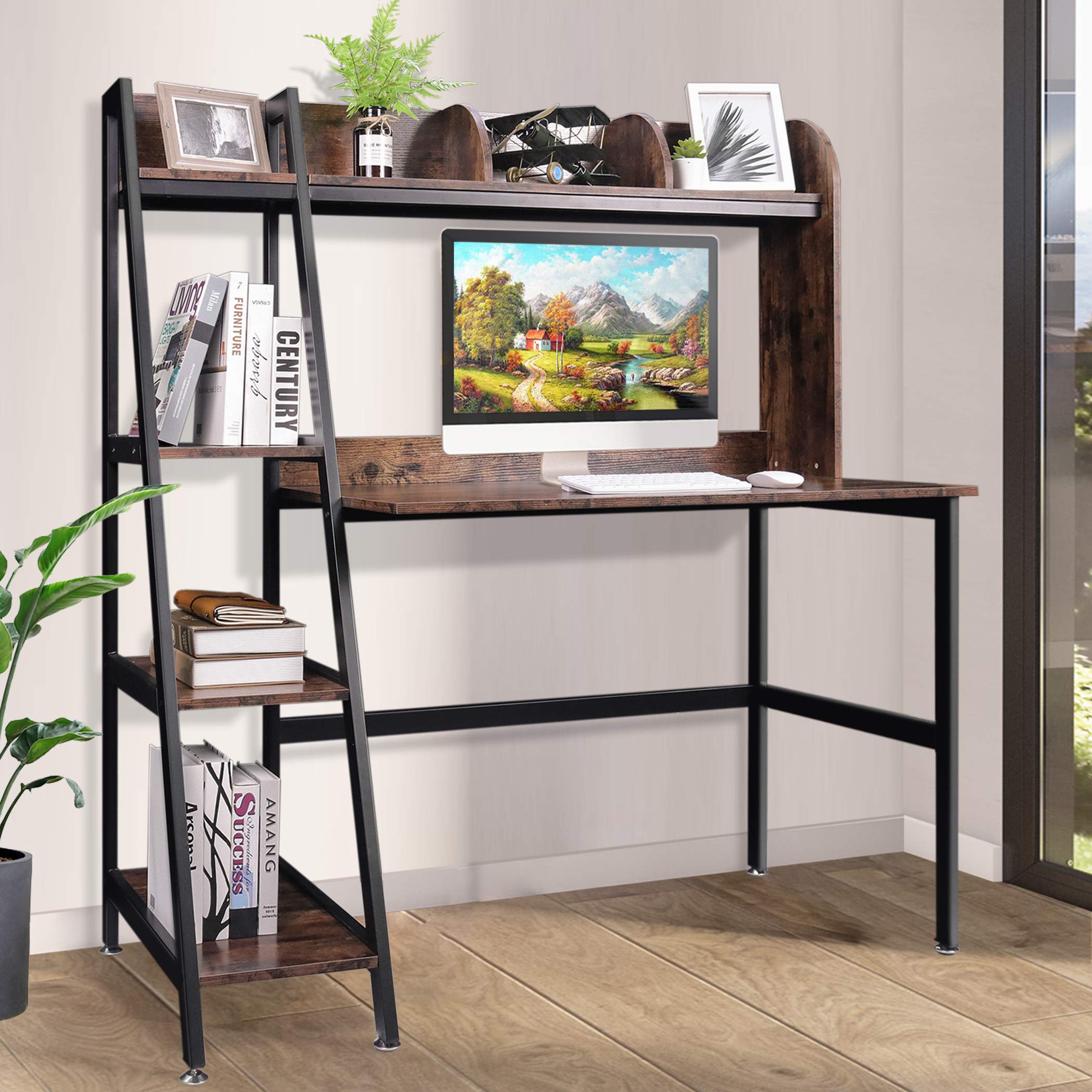 Tektalk Computer Desk with 4 Ladder Shelf Top Shelf Bookshelf Workstation Steel Frame Retro Writing Desk Study Laptop Table for Home&Office β Rustic Brown