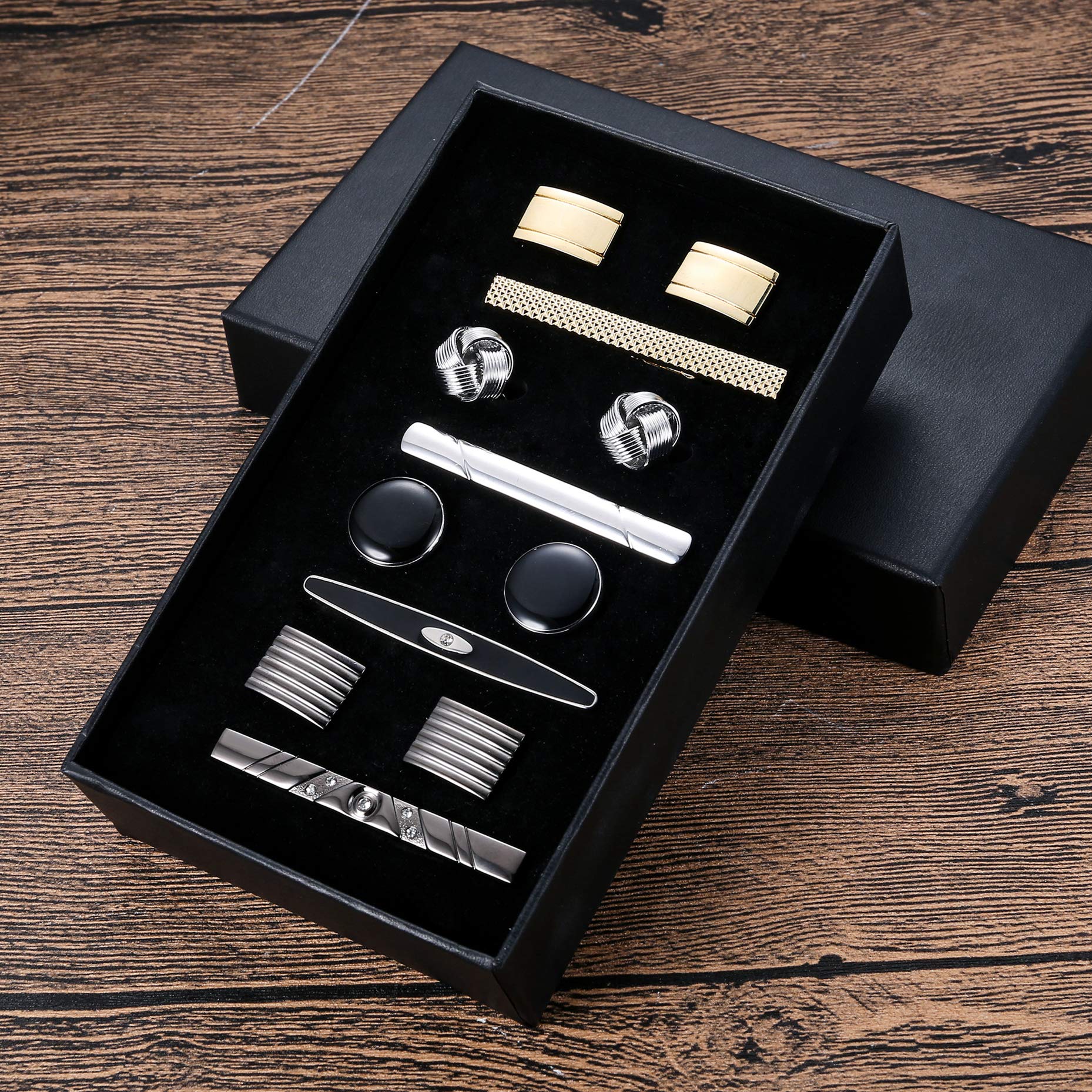 YADOCA Men's Cufflinks and Tie Clips Set Necktie Tie Bar Clips Business Shirts Wedding Tuxedo Cufflinks with Box Silver-Tone Gold-Tone Black