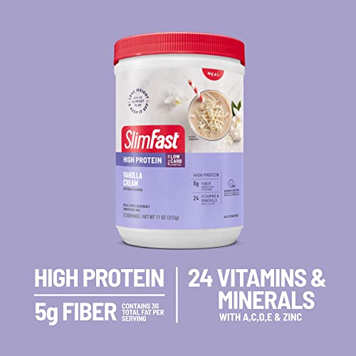 SlimFast Meal Replacement Smoothie Mix, 24 Servings, High Protein, Vanilla Cream, 20g of Protein with Milk, 12 Servings (Pack of 2) (Packaging May Vary)