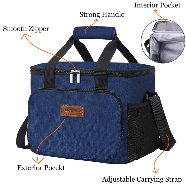 ToteTastic Insulated Reusable Lunch Box Lunch Bag for Women/Men LeakProof Lunch Tote Bag with Adjustable Shoulder Strap, Front Zipper Pocket and Dual Large Side Pockets for Work/Picnic(9L,Black)