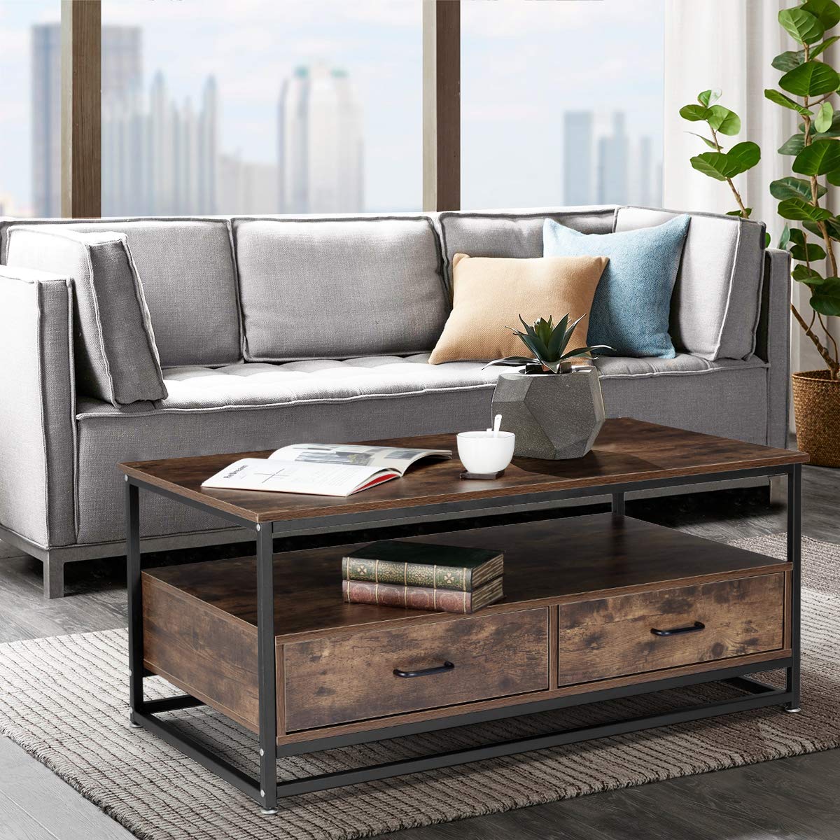 YOLENY 43" Industrial Coffee Table,Accent Cocktail Table with Storage Shelf,2 Drawers Solid Wood and Metal Frame Legs,for Living Room