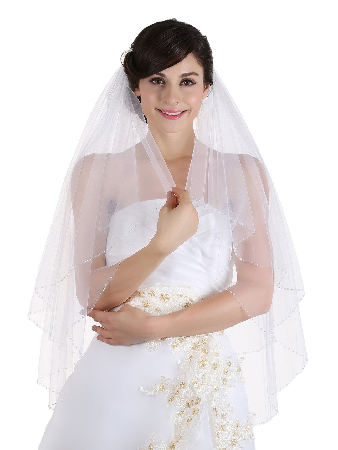 SAMKY 2T 2 Tier Beaded Edge Circular Veil - Light Ivory Clear Crystal Fingertip Length 36"