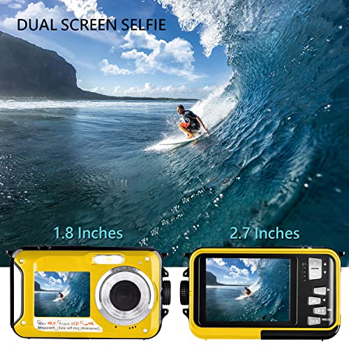Waterproof Camera, Full HD 2.7K 48MP Digital Camera, Dual Screen Underwater Camera, 10FT Waterproof Camera for Snorkeling