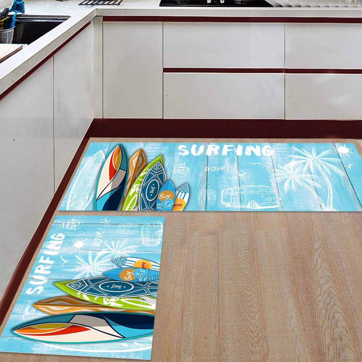 Z&L Home Summer Seaside Surfboard Palm Trees Kitchen Rug Sets 2 Piece Floor Mat Non-Slip Rubber Backing Area Runners Door Mats, Blue and White Wooden Texture Indoor Washable Carpet