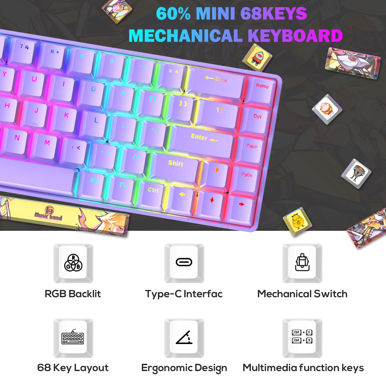 Portable 60% Mechanical Gaming Keyboard 18 Chroma RGB Backlit Ultra-Compact 68 Keys Dye Sublimation PBT Ergonomic Full Keys Anti-ghosting Compatible with PS4,PS5,PC,Gamers,Typist(Black/Brown Switch)