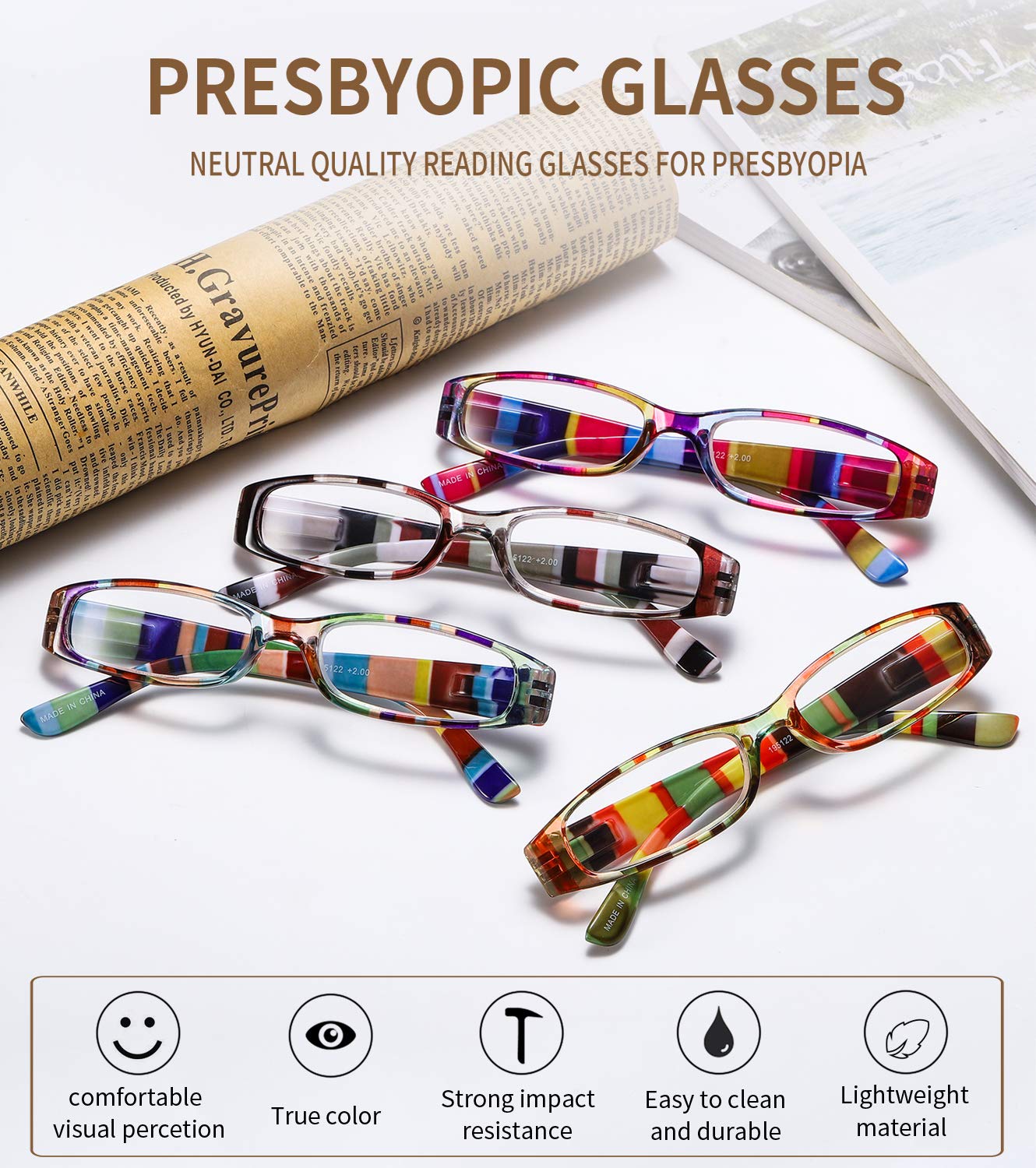 SOCTICK Reading Glasses 4 Pairs Fashion Ladies Readers Spring Hinge with Pattern Print Eyeglasses for Women +2.5