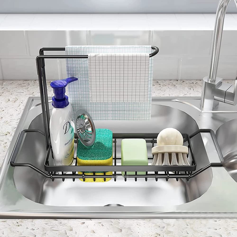 Telescopic Sink Storage Rack, Expandable Sponge Holder for Kitchen Sink, Sink Caddy Organizer with Dishcloth Towel Holder,Over Sink Telescopic Sink Rack Sponge Brush Soap Holder for Home Kitchen