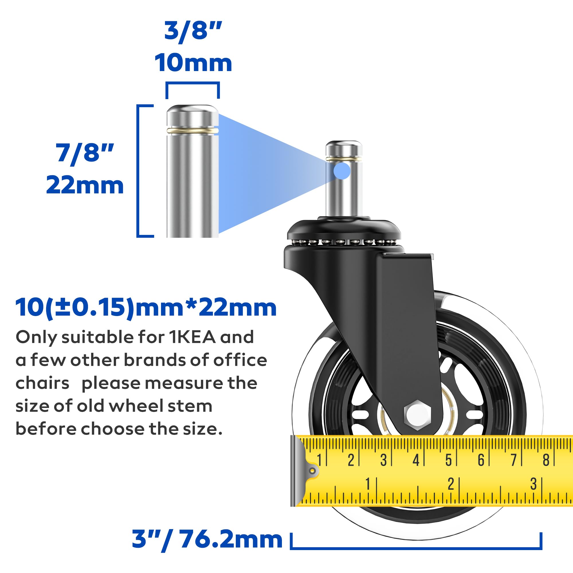 WEWILL Office Chair Caster Wheels 3" Rubber Replacement Chair Casters Up to 300KG Load Capacity Best Protection for Your Hardwood Floors and Carpet(10MM*22MM))