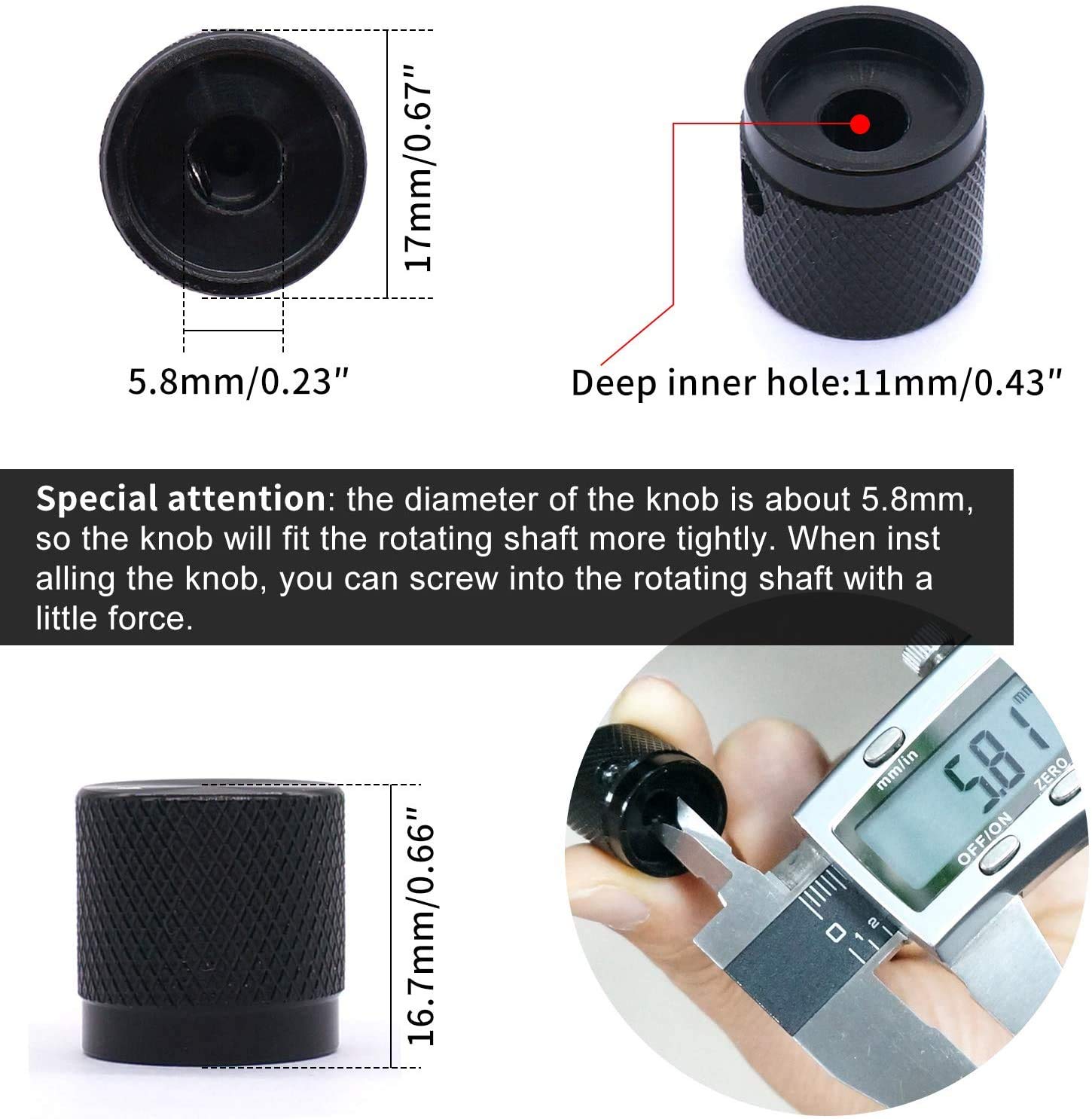 Taiss/ 4pcs black Aluminum Rotary Electronic Control Potentiometer Knob for 6 mm Diameter Shaft, Volume Control Knob, Audio knob, Guitar Knob,Switch Knob, 17mm dia. x 17mm height