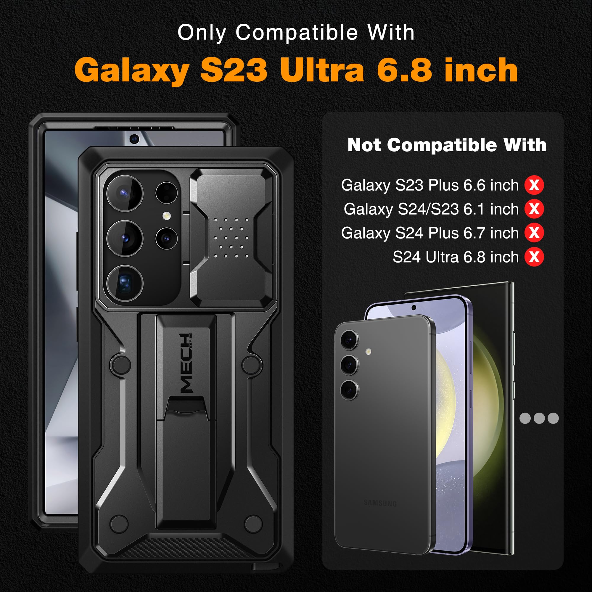 Tongate for Samsung Galaxy S23 Ultra Case, [Bulit-in Slide Camera Cover & Screen Protector] [2 Front Frame] Military Grade Shockproof S23 Ultra Phone Case with Kickstand & Belt-Clip 6.8", Black