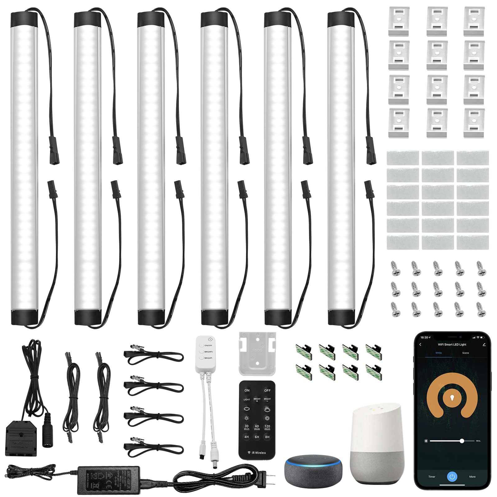 Under Cabinet Lights Kit, LED Smart Dimmable Strip Lighting Fixtures, 24V Plug in Linkable Bar LED Counter Lights for Pantry, Kitchen, Shelf, Bookcases, Showcase (6 PCS, Cold White)
