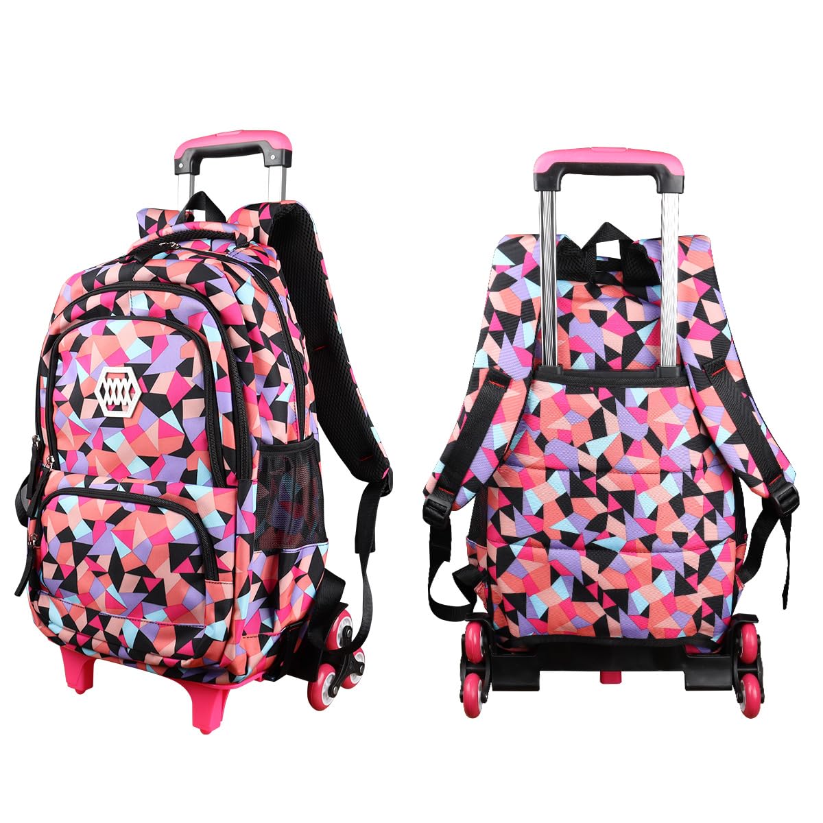 VILINKOU Rolling Backpack for Girls Trolley School Bag Wheels Backpack Luggage Waterproof Climbing Stairs (Rose Red with Six Wheels)