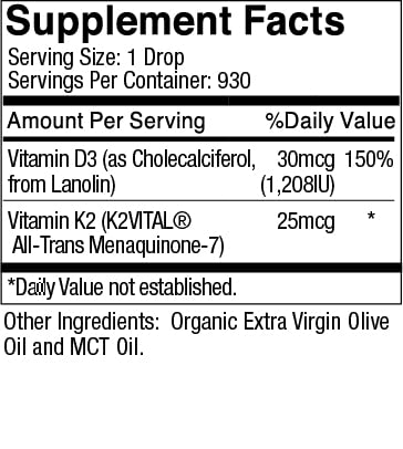 Vitamin D3 with K2 liquid drops, all natural, non-gmo, 1208iu D3 and 25mcg K2 (mk7) per serving, support your bones, immune system and energy levels, with or without peppermint oil