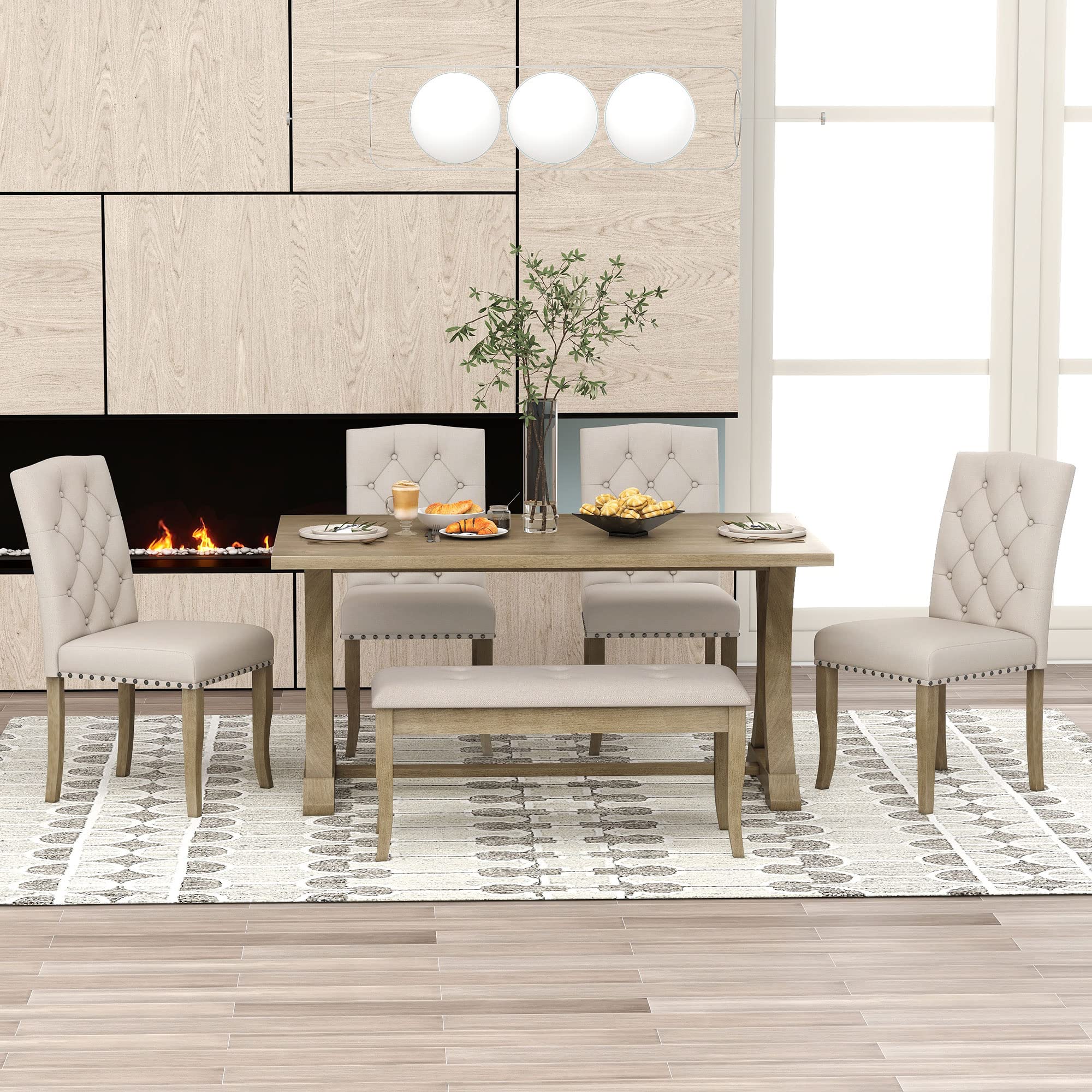 SIYSNKSI 6-Piece Farmhouse Dining Table Set, Rectangular Trestle Table with 4 Upholstered Chairs and 1 Bench, Wooden Kitchen Set Living Room, Dining Table Set for 6