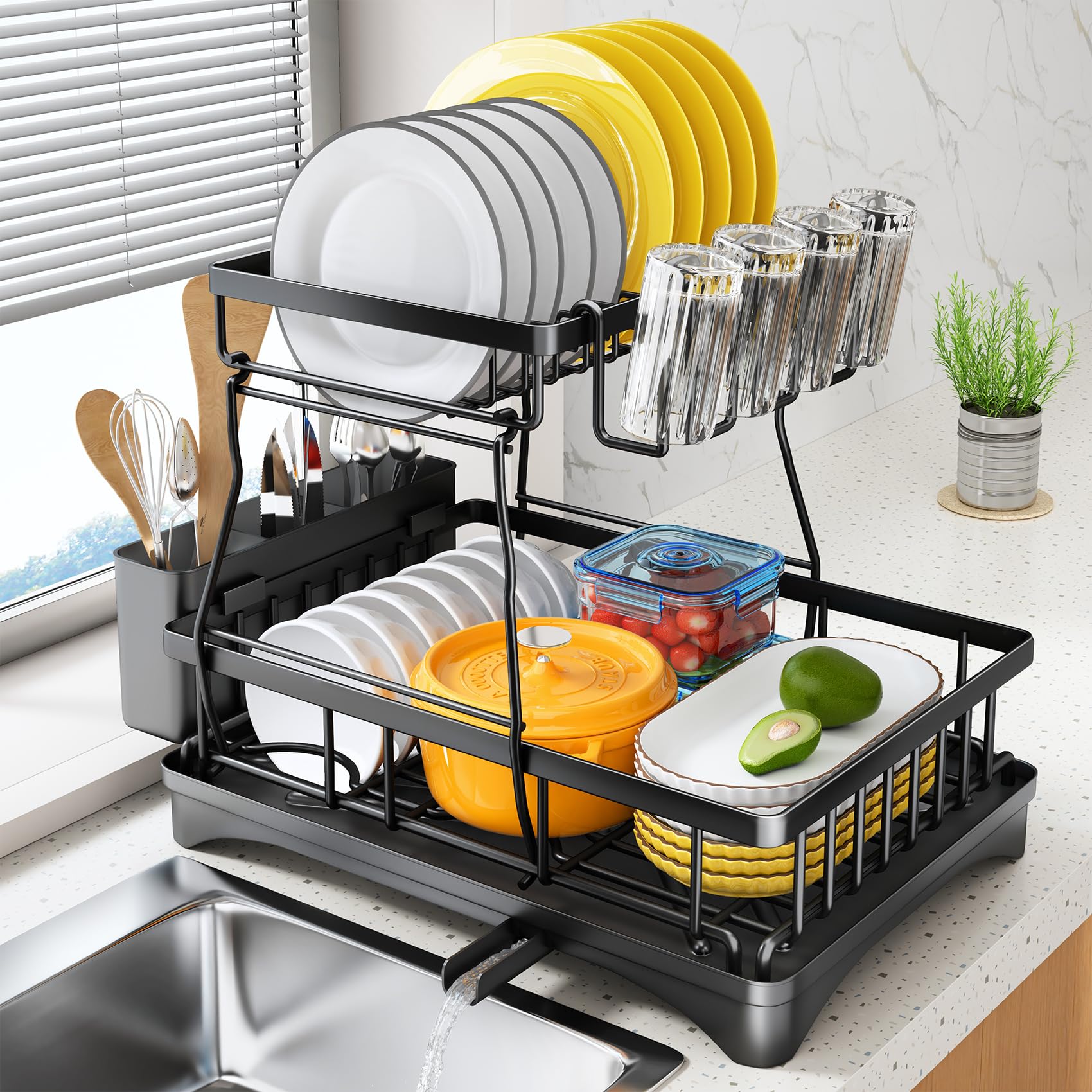 SNTD Dish Drying Rack for Kitchen Counter - Large Dish Rack with Drainboard, Rustproof Dish Drainer with Utensil Holder for Sink, Black