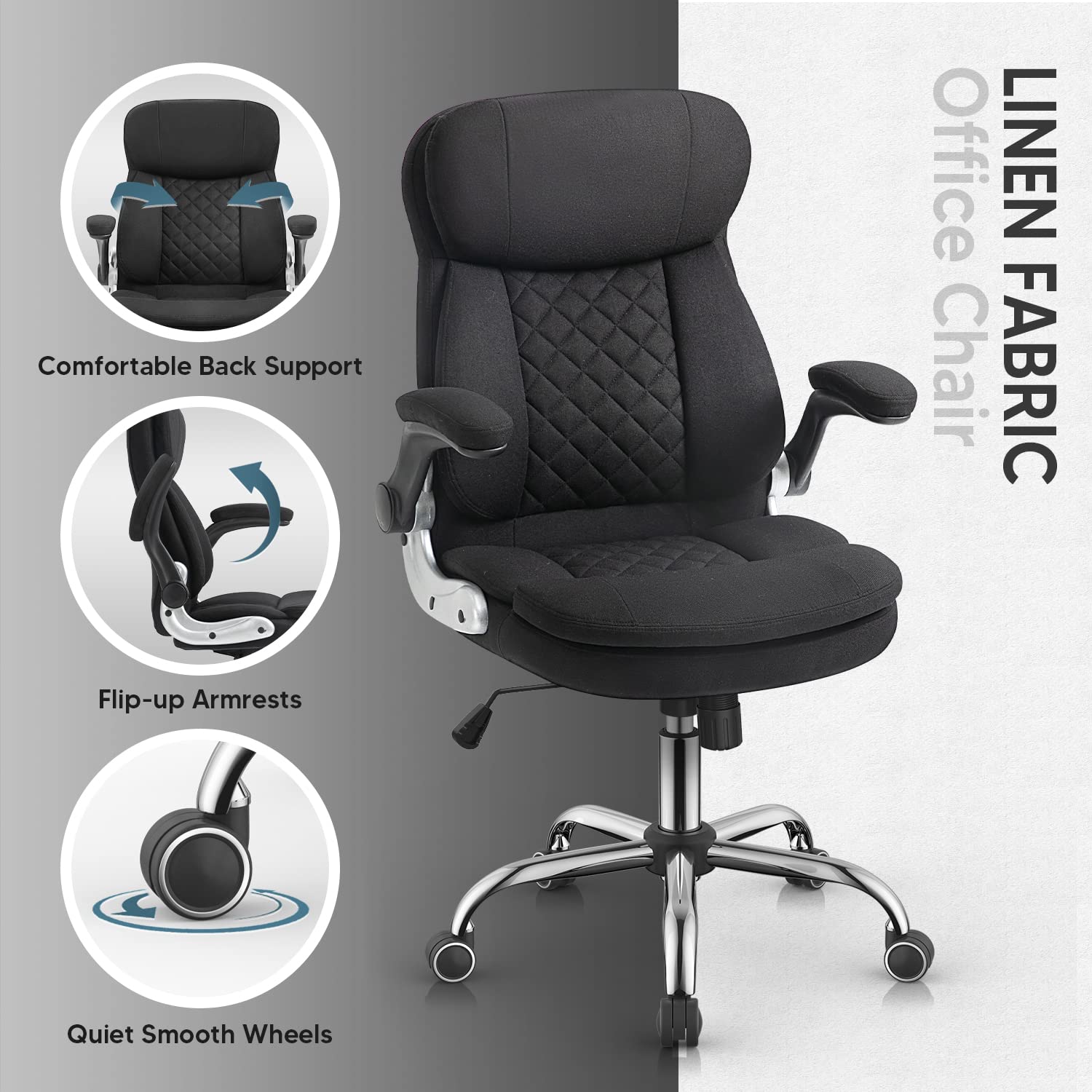 YAMASORO Home Office Executive Chair, High Back Ergonomic Lumbar Support Computer Desk Chairs with Wheels and Flip-up Arms, Linen Fabric, Black