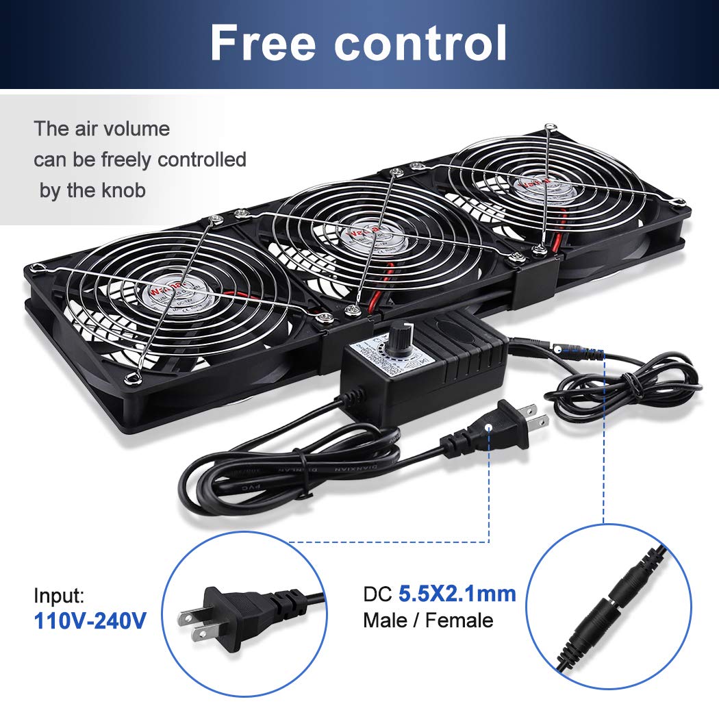 Wathai Dual Ball 3 x 120mm Computer Fan with AC Plug DC 12V Big Airflow Fans with 110V 120V 220V 240V AC Speed Controller for DIY Cabinet Chassis Machine Server Workstation Cooling