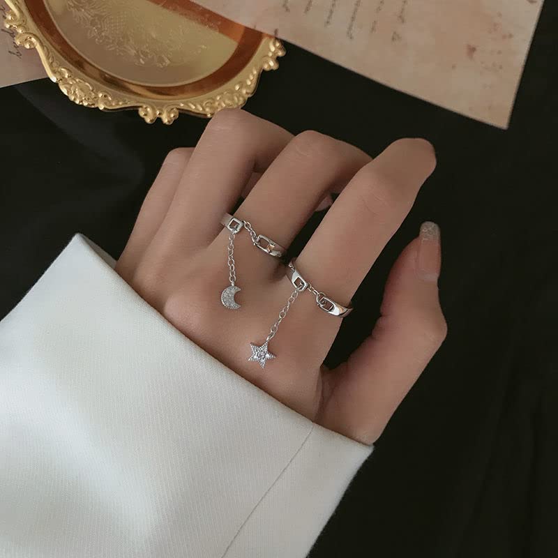 XCFS 2 Pack/Set Boho 925 Sliver Plated Cubic Zirconia Moon and Star Charms Chain Women Girls Adjustable Tassel Band Ring,Open Ring