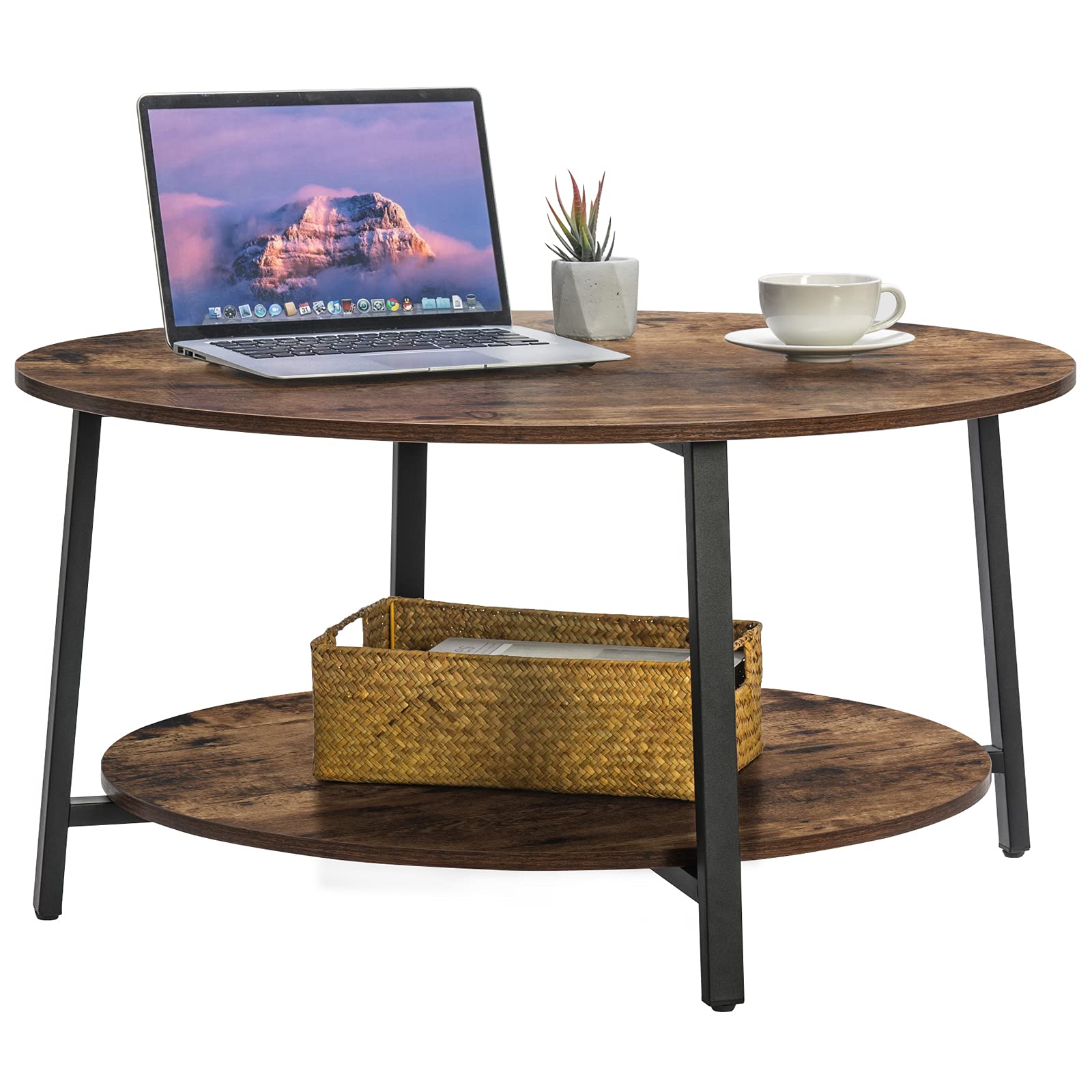 Snughome 35.4’’ Round Coffee Table, 2-Tier Industrial Design Furniture Sofa Table with Storage Open Shelf and Sturdy Metal Legs for Living Room, Wooden Surface Tabletop & Rounded Edges, Rustic Brown