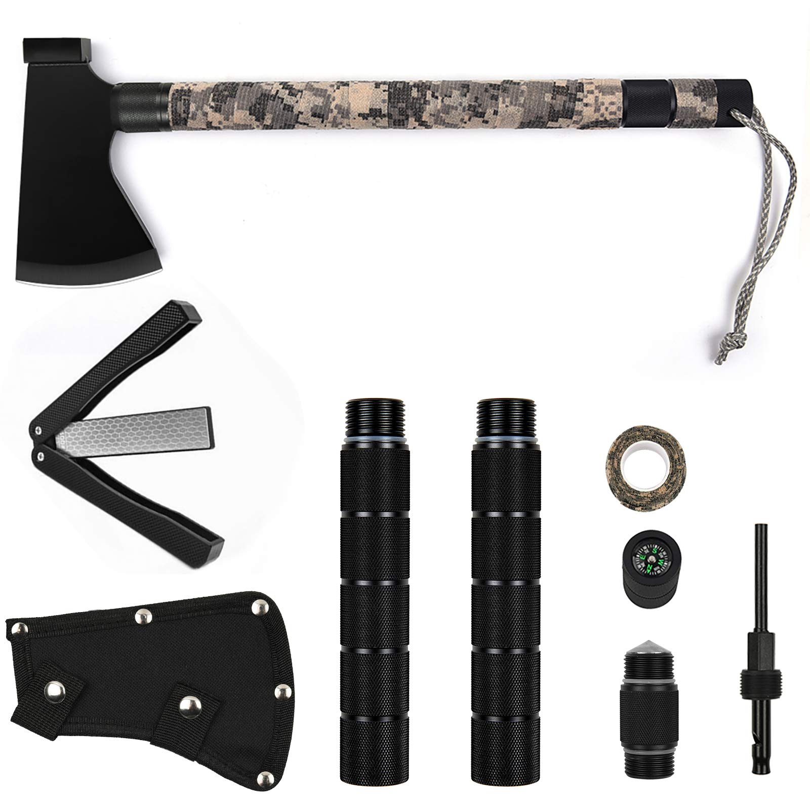 Yeacool Camping Hatchet, Survival Axe, with Sharpener, Sheath, Tactical Axe Multitool, for Camping, Hiking, Survival, Hunting and Emergency