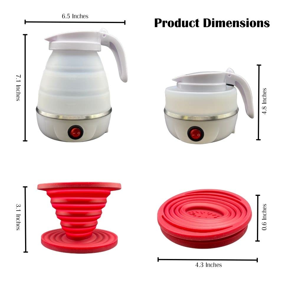 Portable collapsible electric kettle, small travel foldable BPA free fast water boiling tea kettle, dual voltage, 600ml with collapsible pour over coffee dripper and waterproof storage bag