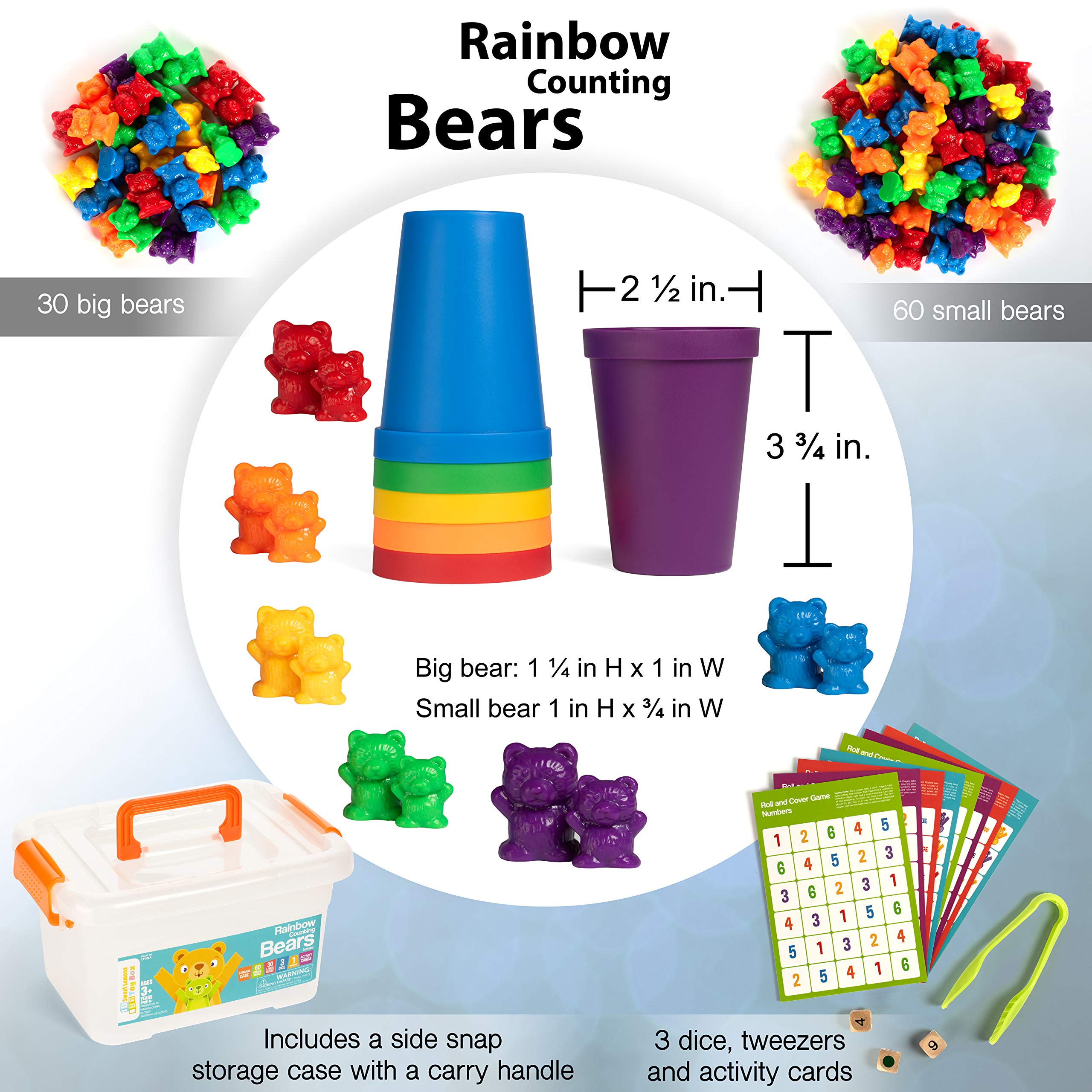 SWEET LEMONS Rainbow Counting Bears Math Manipulatives- 90 Teddy Bear Counters- Large and Small Sorting Bears and Bingo Game for Kids and Family