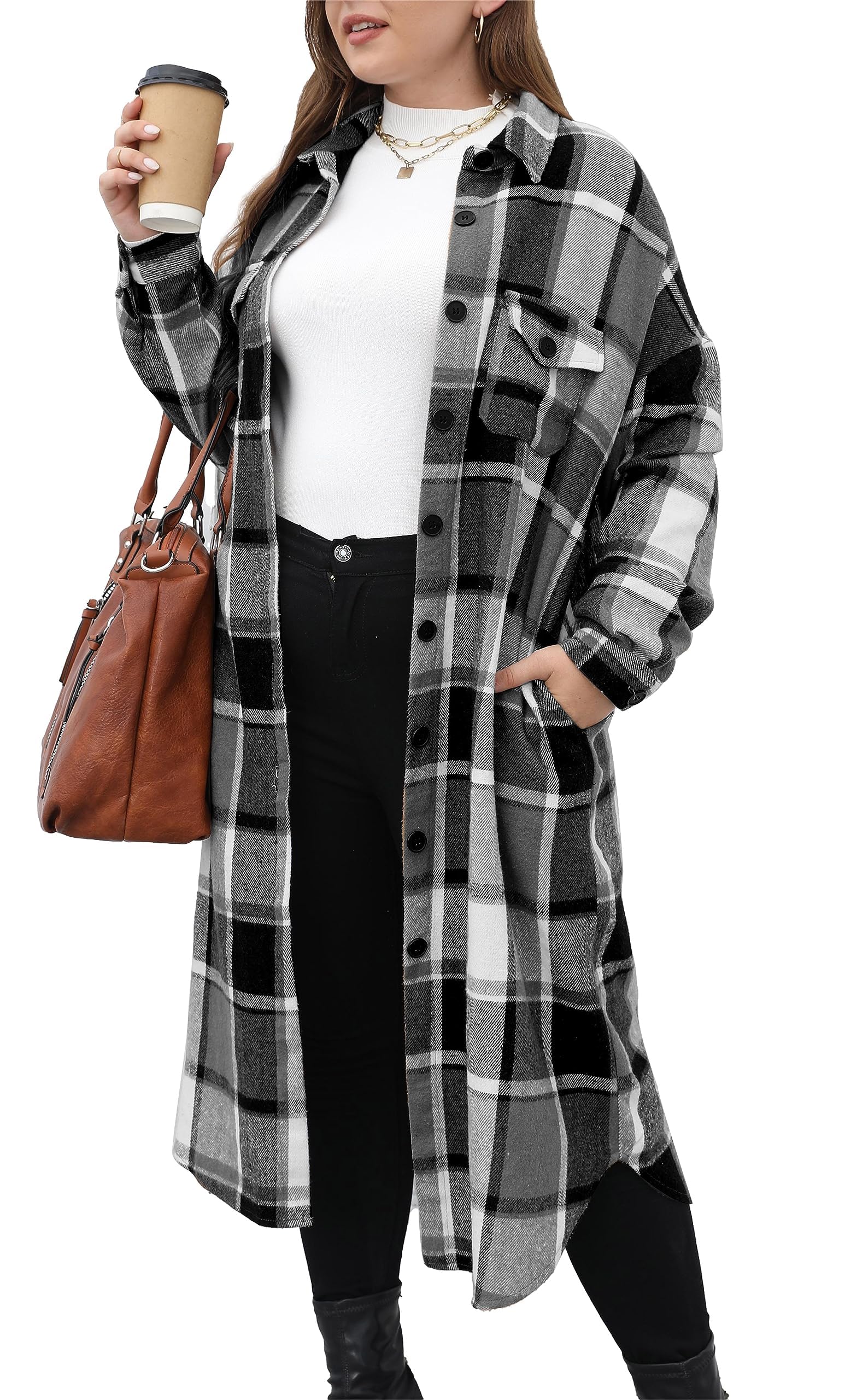 ZAAYO Plus Size Shacket Jacket for Women 2023 Flannel Plaid Long Shirts Long Sleeve Fall Tartan Winter Trench Coats with Pockets