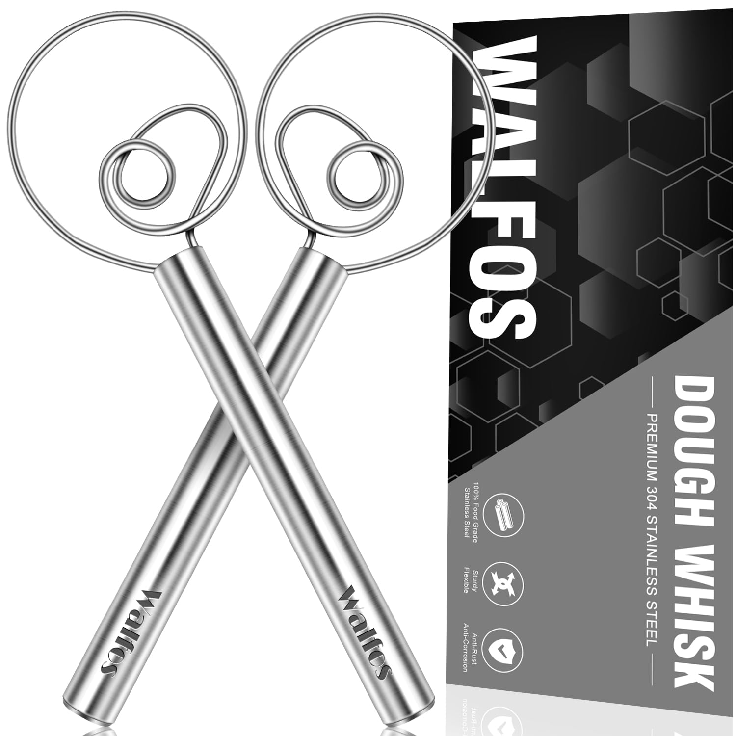 Walfos Danish Dough Whisk, Rustproof Stainless Steel Bread Whisk, Quick Mixing Bread Mixer, Dutch Dough Whisk for Cooking, Blending, Whisking, Stirring, Sourdough, Pizza, Pastry, Cake Batter(2pcs)