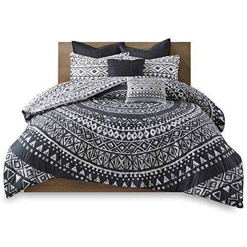 Urban Habitat Larisa Cotton Comforter Set-LuxeTraditional Design All Season Cozy Bedding with Matching Shams, Decorative Pillow, Full/Queen, Reversible Medallion Black 7 Piece