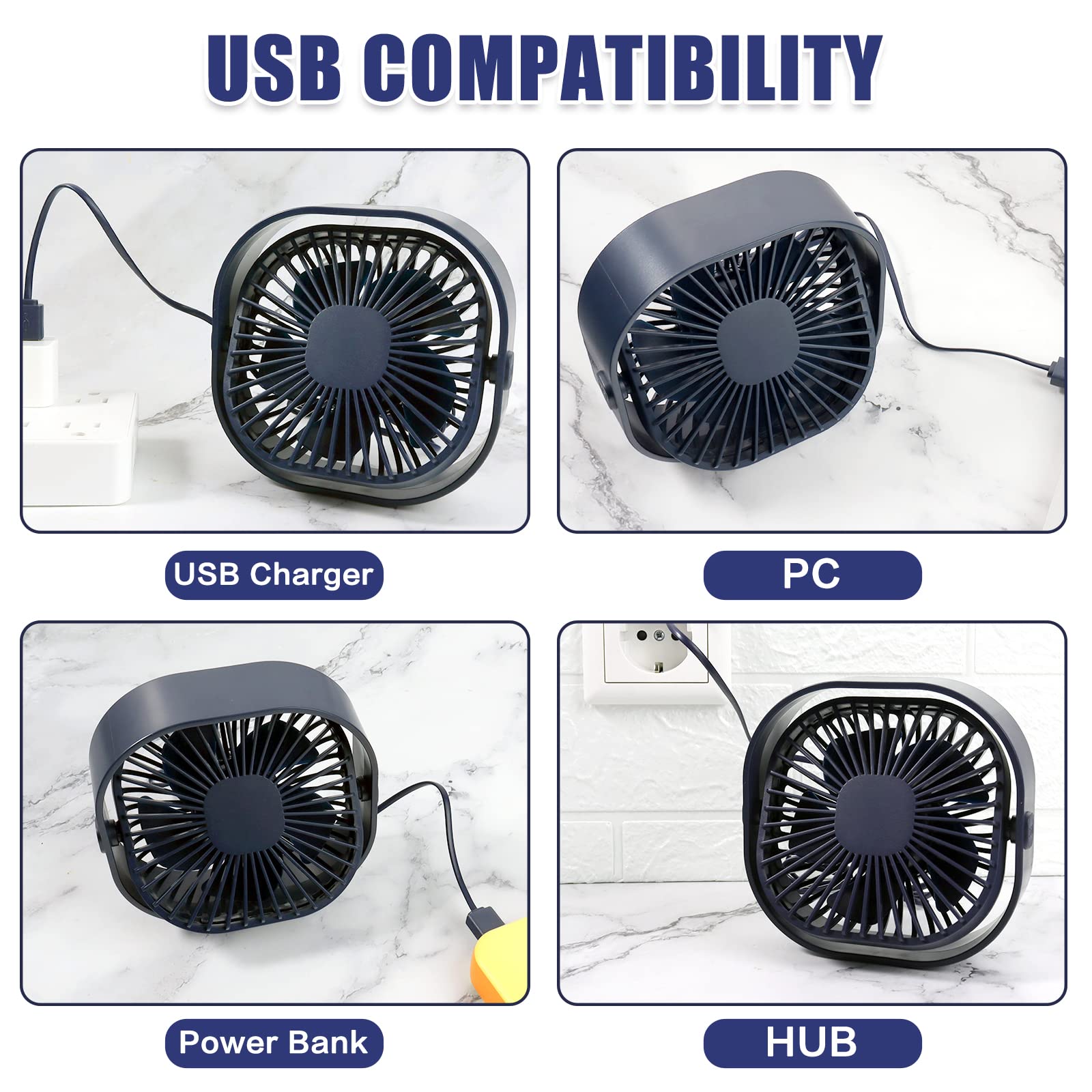 Small USB Desk Fan, 3 Speeds Silent Wind and 360° Rotatable, 4 inch Personal Mini Fan for Office Dorm Bedroom Laptop Library Indoor Summer Gift (GREY)