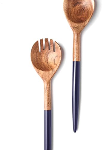 YoTreasure Tiramisu Resin & Wood Blue Salad Server Set Utensils for Modern Serving and Cooking