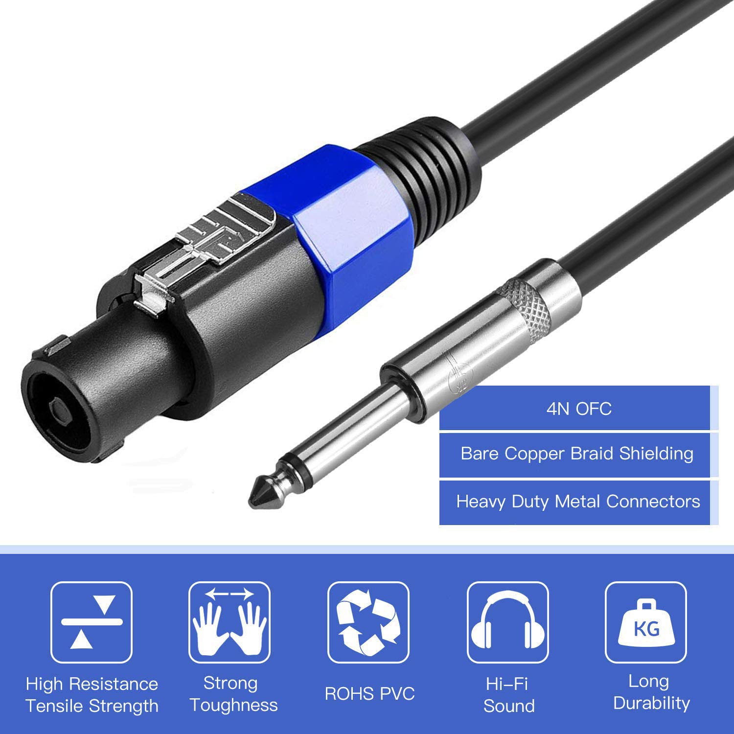 Yuyaokk 2Pack 25 ft Speakon to 1/4" Male Speaker Cables, Professional 12 Gauge AWG Wire Audio Amplifier Connection Cord, DJ/PA Wire with Twist Lock.