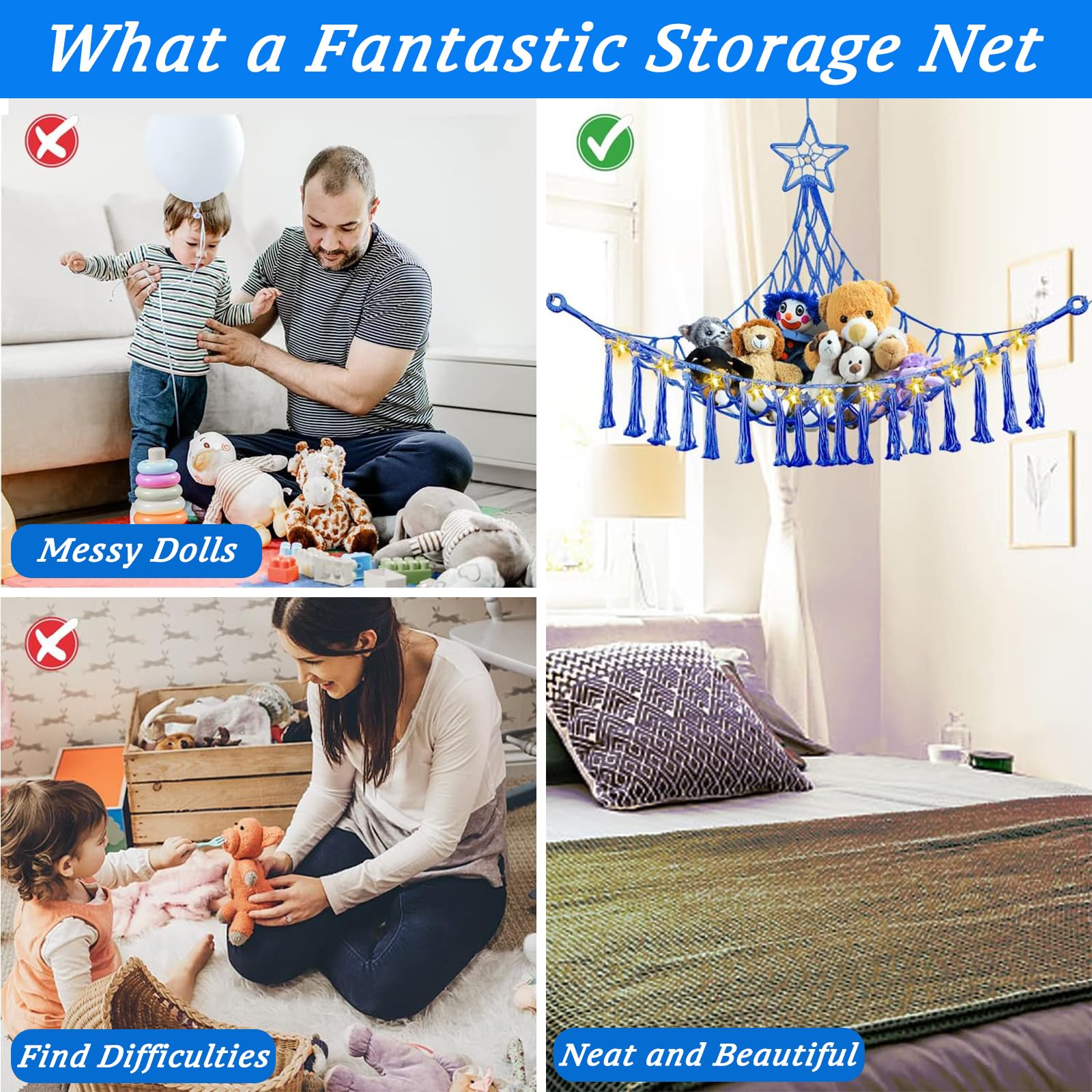 Stuffed Animal Net or Hammock, Macrame Stuffed Animal Hammock, Hanging Stuffed Animal Storage Boho Wall Corner Hammock Organizer, Toy Hammock for Nursery Play Room Kids Bedroom