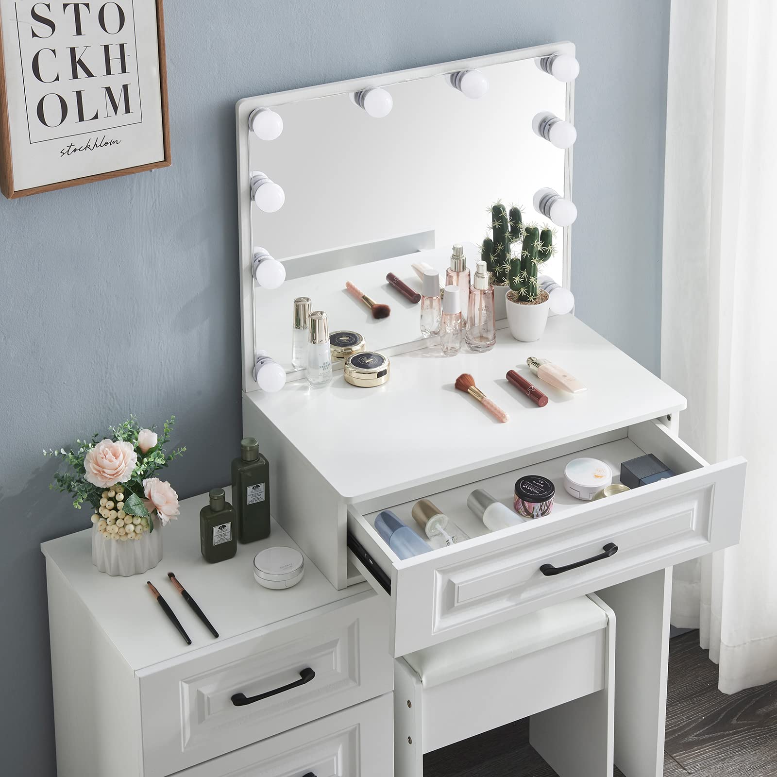 White Vanity Set with 10 LED Lights, Makeup Dressing Table with Light and Mirror, Dresser with 4 Drawers, Storage Shelves, Modern Vanity for Bedroom