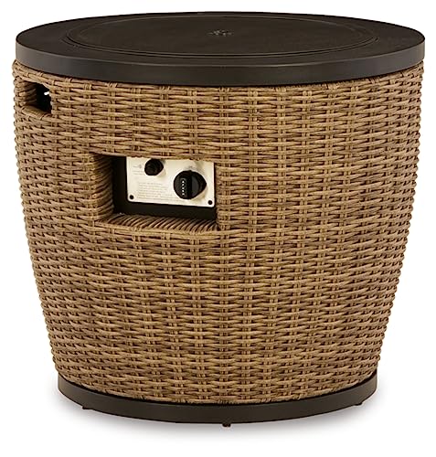 Signature Design by Ashley Malayah Casual Outdoor Resin Wicker Gas Firepit Table, Brown