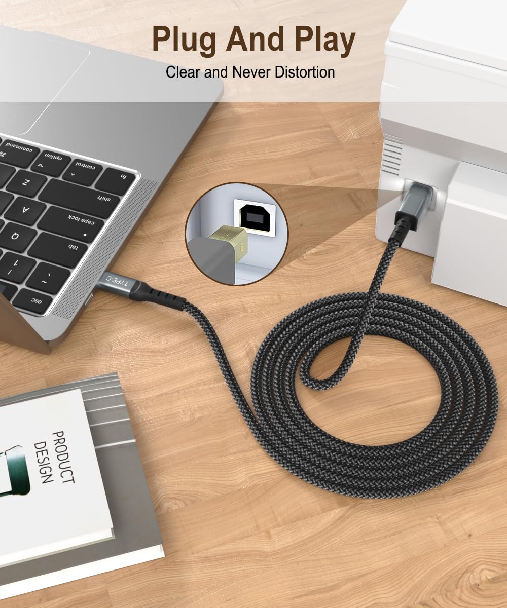 USB C Printer Cable - 6 FT Nylon USB C Printer Cord for MacBook Pro/Air, USB C MIDI Cable Compatible with Yamaha Piano MIDI Keyboard, DAC, DJ Controller for iPad Pro - Fast and Stable Data Transfer!