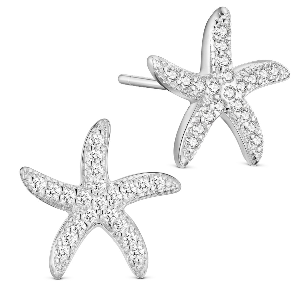 SHEGRACE S925 Sea Star Studs Sterling Silver Earrings Micro Pave AAA Zircon Starfish Earrings(Silver)
