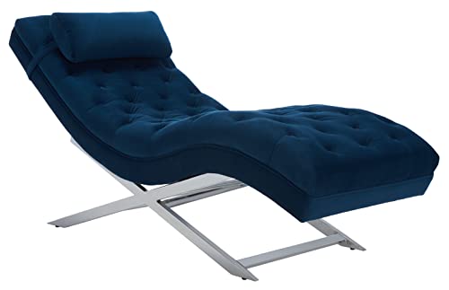 Safavieh Home Collection Monroe Navy Velvet and Chrome Chaise with Headrest Pillow