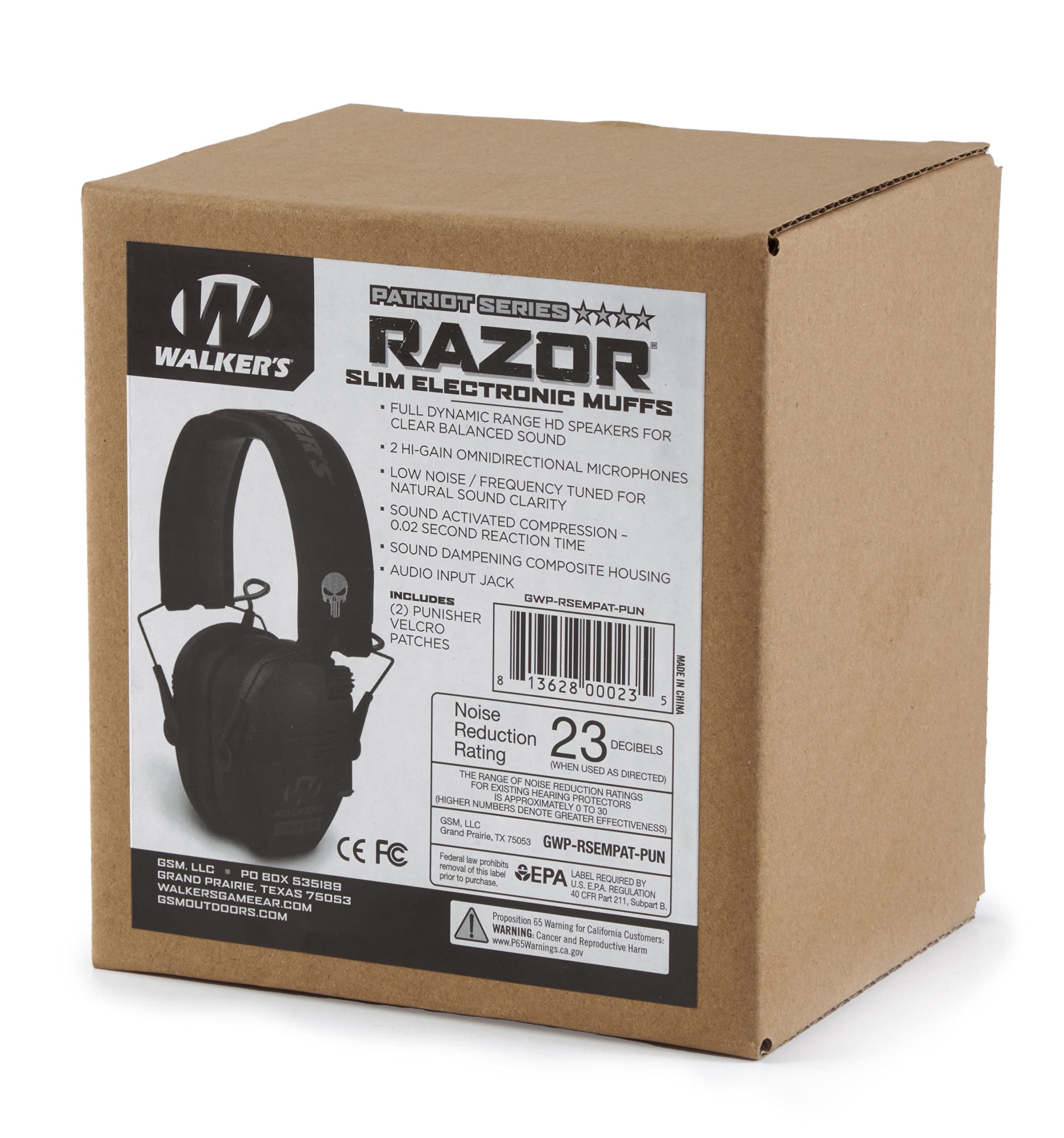 Walker's Razor Slim Shooter Electronic Hearing Protection Earmuffs with 23dB Noise Reduction and Sound Amplification, Black Punisher