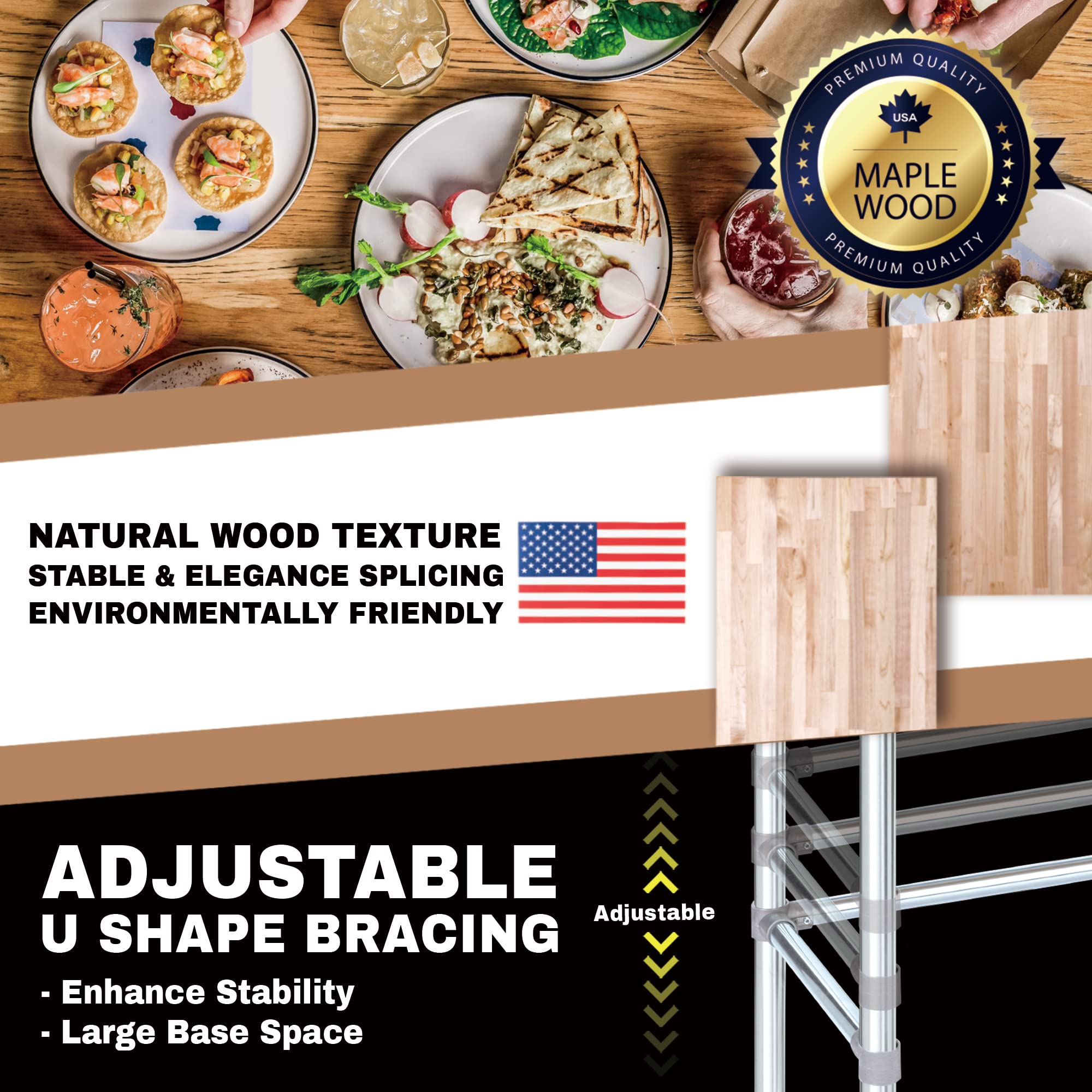 US Maple Top Work Table - 30 x 24 x 35 Inch Commercial Butcher Block Wooden Workbench with Open Base Stabilizing Leg Cross Braces - Fits Restaurant, Warehouse, Home, Kitchen, Garage by DuraSteel