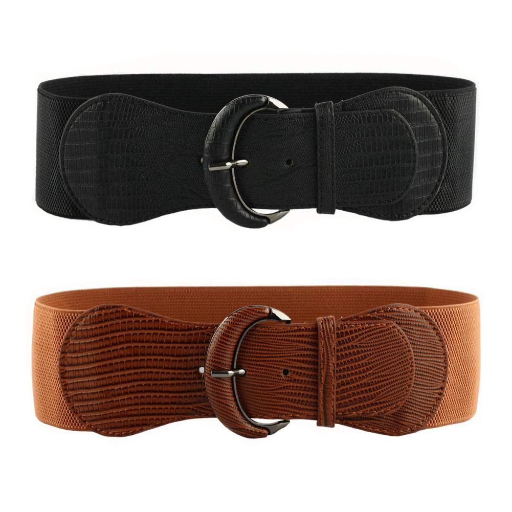 VOCHIC 2pcs Stretch Wide Belt for Women Elastic Thick Waist Belt for Dress PU Leather Elastic Wide Belt, Brown Black