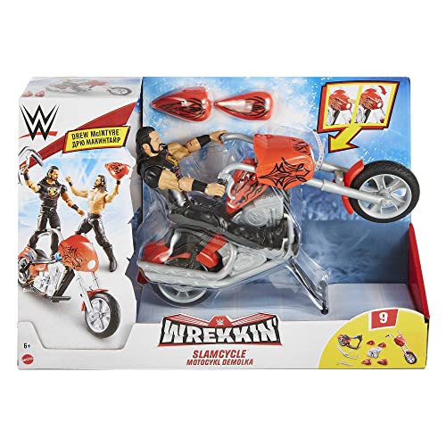 WWE Wrekkin Slam Cycle Motorcycle (10.5 in) with Wheelie Action and 9 breakable parts, with 6-in/15.24-cm Drew McIntyre Basic Action Figures; Gift for Ages 6 Years Old & Up