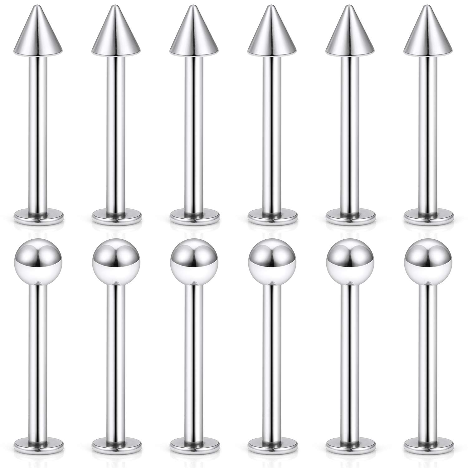 SCERRING 12PCS 16g Stainless Steel 3mm Balls & Spikes Labret Monroe Lip Tragus Cartilage Helix Earring Ring Body Piercing Jewelry 10mm - Silver